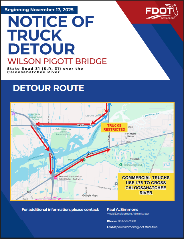 FDOT: Commercial truck detour for Wilson Pigott Bridge in Fort Myers ...
